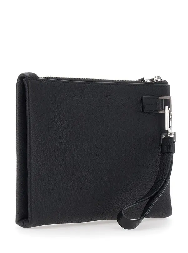 TOM FORD Black Clutch With Wrist Strap And Logo Lettering On The Front In Leather For - Multicolor