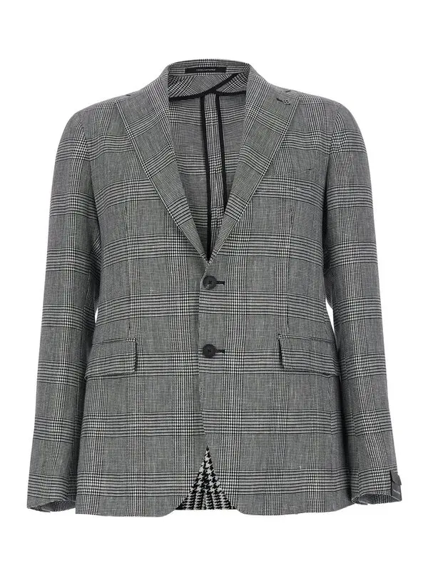 Tagliatore Grey Single-breasted Jacket With Notched Revers And All-over Houndstooth Motif In Cotton And Linen - Multicolor