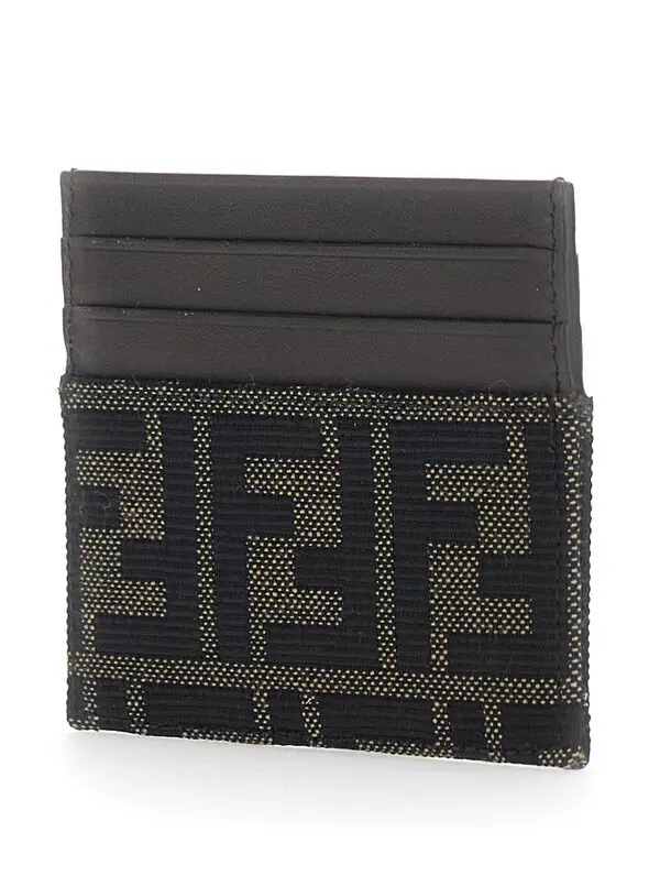 Fendi Cardholder With Ff Motif In Leather And Fabric For - Brown