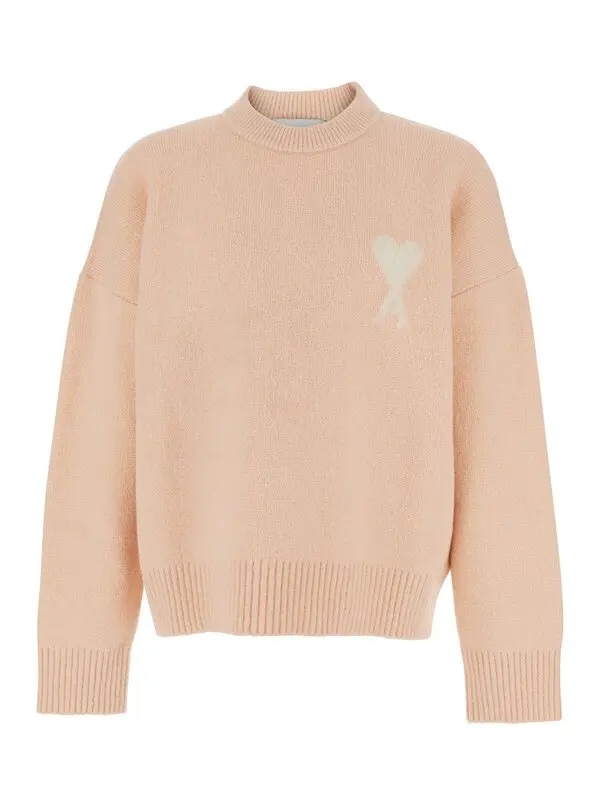 AMI Paris Pink Crewneck Sweater With Adc Embroidery On The Front And Dropped Shoulders In Wool Blend - Multicolor
