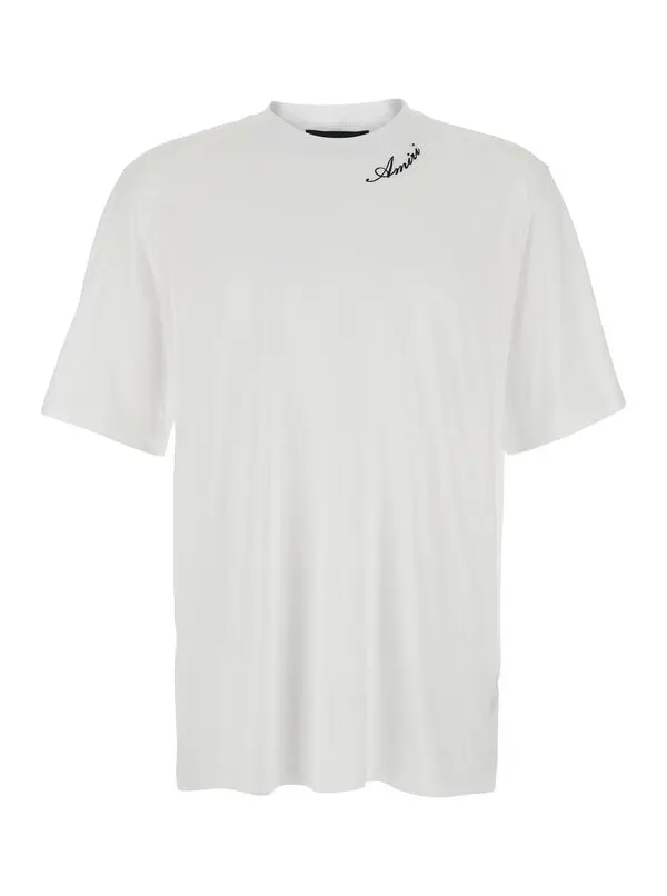 Amiri White Crew Neck T-shirt With Wide Short Sleeves And Logo Lettering Embroidery On The Neck In Tech Fabric For - Multicolor