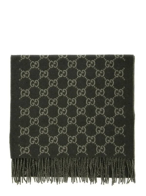 Gucci Scarf With Fringed Hem And Gg Motif Jacquard In Cashmere - Green
