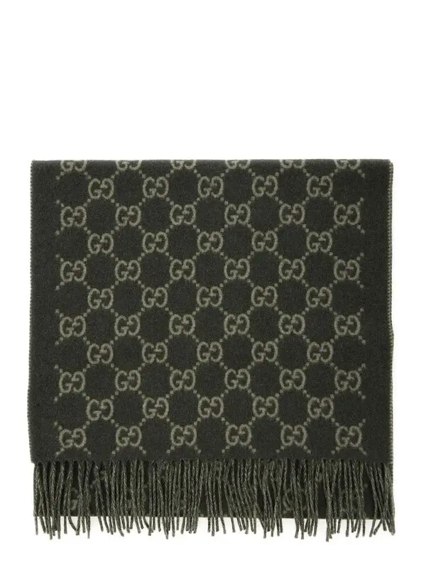 Gucci Scarf With Fringed Hem And Gg Motif Jacquard In Cashmere - Green