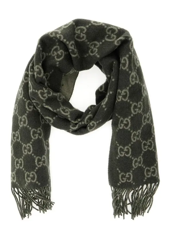 Gucci Scarf With Fringed Hem And Gg Motif Jacquard In Cashmere - Green