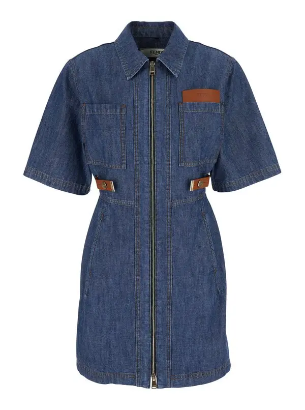 Fendi Blue Dress With Classic Collar And Leather Logo Patch On The Front In Denim For - Multicolor