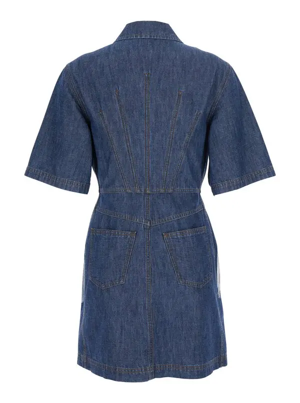 Fendi Blue Dress With Classic Collar And Leather Logo Patch On The Front In Denim For - Multicolor