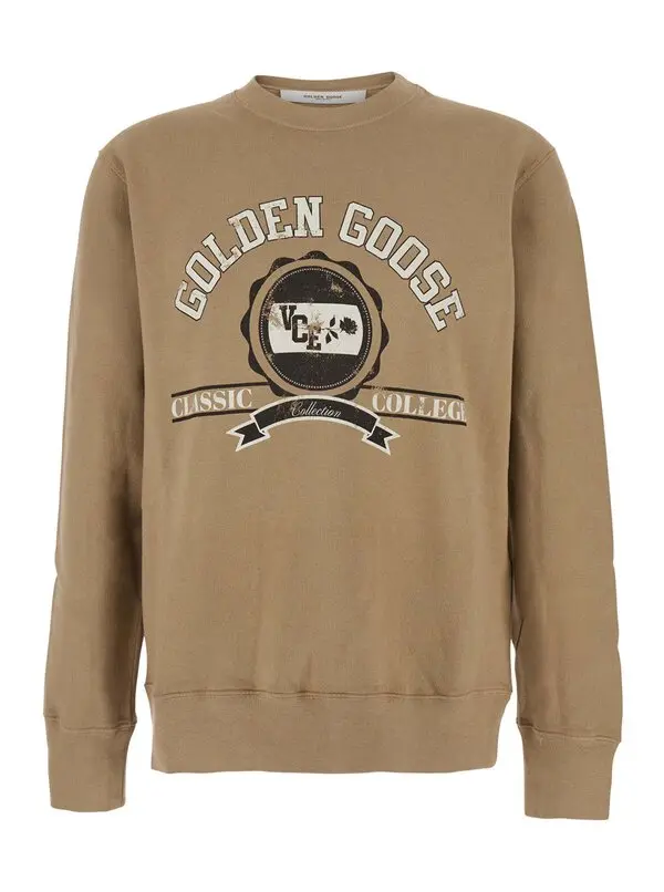 GOLDEN GOOSE Beige Crewneck Sweatshirt With Maxi Print On The Front In Cotton - Cream
