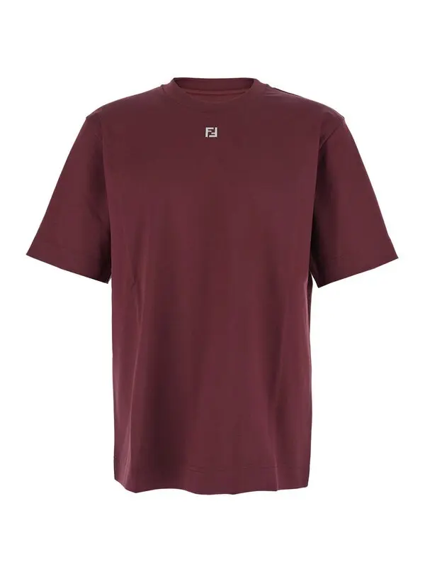 Fendi Bordeaux Crew Neck T-shirt With Ff Plate On The Front In Cotton - Multicolor