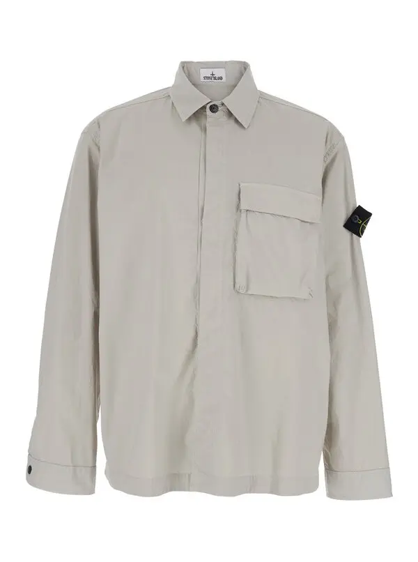 Stone Island Gray Jacket With Classic Collar And Logo Patch On Sleeve For
