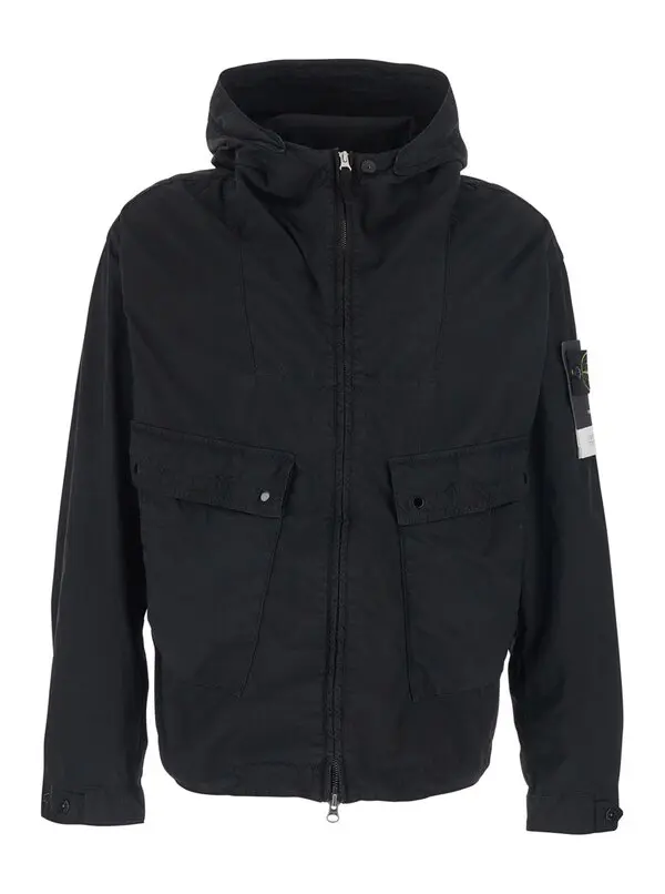 Stone Island Black Hooded Jacket With Buttons And Logo Patch On Sleeve In Tech Fabric For - Multicolor