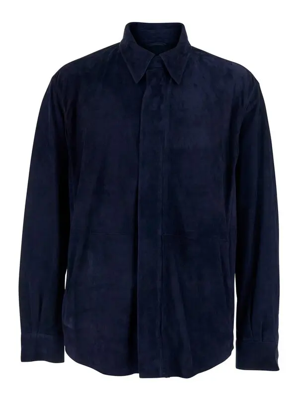 Giorgio Armani Blue Jacket With Hidden Closure On The Front In Suede