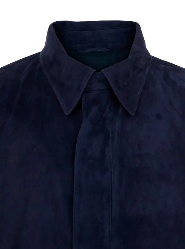 Giorgio Armani Blue Jacket With Hidden Closure On The Front In Suede