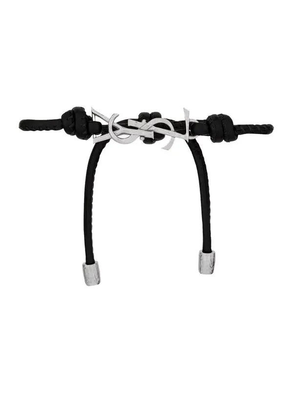 Saint Laurent Bracelet With Cassandre Logo Plate In Silver Metal And Adjustable Closure In Leather For - Black