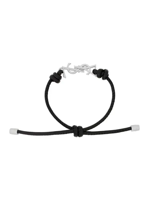 Saint Laurent Cassandre Logo Plate Bracelet In Silver Metal And Leather - Black