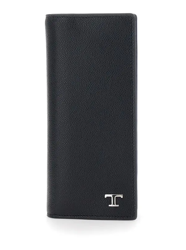 TOD'S Vertical Wallet With Logo Plate On The Front In Black Hammered Leather For - Multicolor