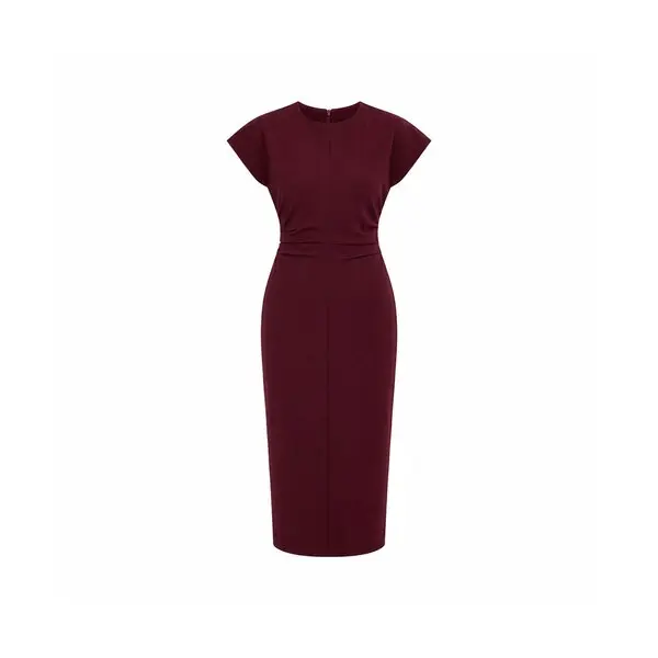 GIRL IN MIND Terri Ruched Waist Short Sleeve Burgundy Midi Dress - Red