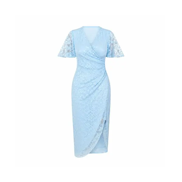 GIRL IN MIND Natasha Angel Sleeve Wrap Midi Dress In Sky - Blue
