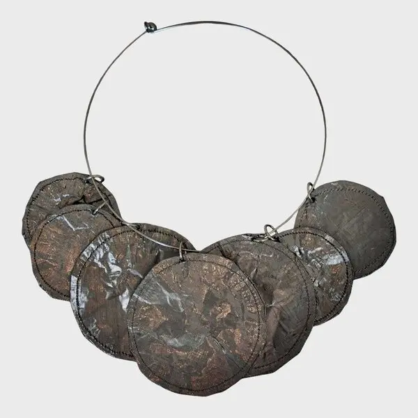 ROMER MILLINERY Metallic Silk Disc Coin Choker Steel - Silver