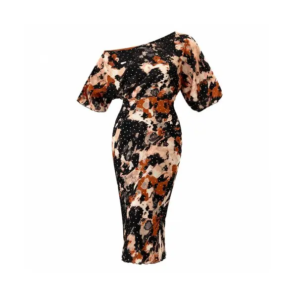 GIRL IN MIND Leila Off The Shoulder Foiled Print Maxi - Brown