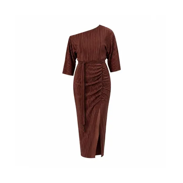 GIRL IN MIND Vendy Off The Shoulder Ruched Detail Midi Dress - Brown