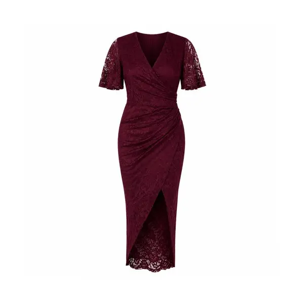 GIRL IN MIND Natasha Angel Sleeve Wrap Midi Dress In Wine - Red