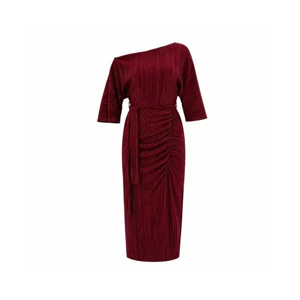GIRL IN MIND Vendy Off The Shoulder Ruched Detail Midi Dress Berry - Red