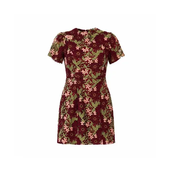 GIRL IN MIND Ami Corded Lace Tulip Sleeve Mini Dress Burgundy - Brown
