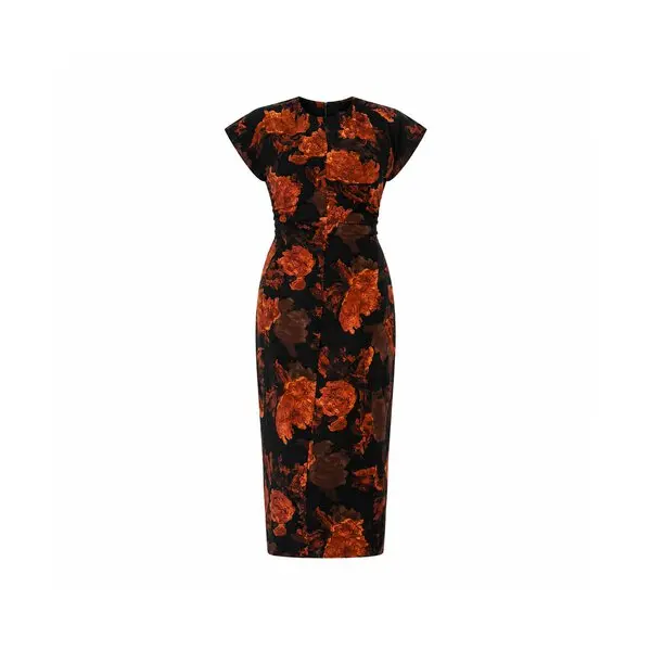 GIRL IN MIND Terri Ruched Waist Short Sleeve Midi Dress - Orange