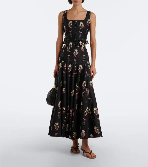 Agua Bendita Nacar Embroidered Cotton Poplin Maxi Skirt