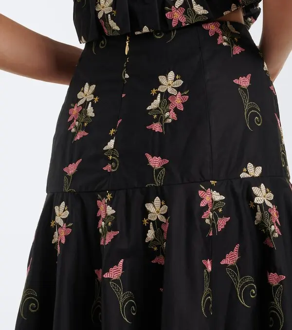 Agua Bendita Nacar Embroidered Cotton Poplin Maxi Skirt