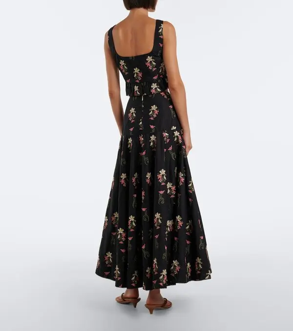 Agua Bendita Nacar Embroidered Cotton Poplin Maxi Skirt