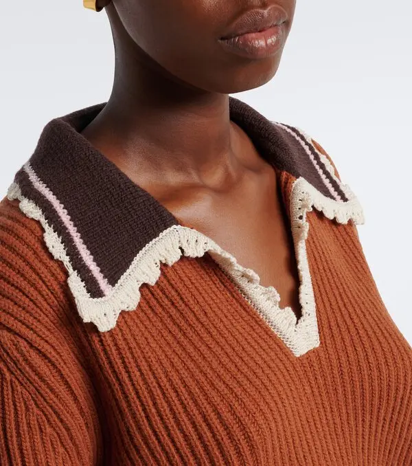 La DoubleJ Crochet-trimmed Wool-blend Polo Sweater