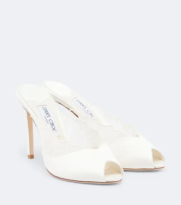 JIMMY CHOO Brigitte Lace-trimmed Satin Mules - White