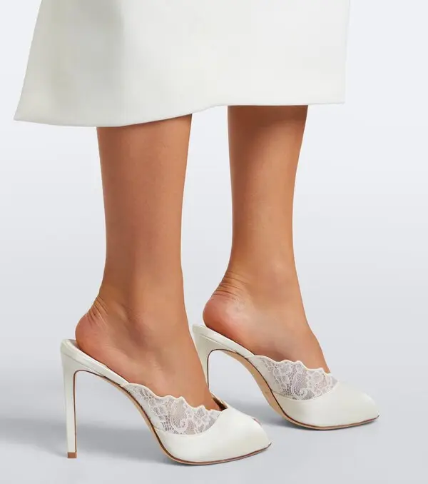 JIMMY CHOO Brigitte Lace-trimmed Satin Mules - White