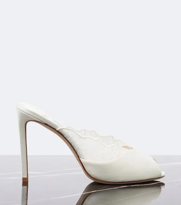 JIMMY CHOO Brigitte Lace-trimmed Satin Mules - White