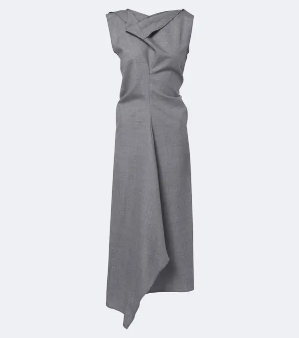 Victoria Beckham Draped Asymmetric Wool Midi Dress - Grey