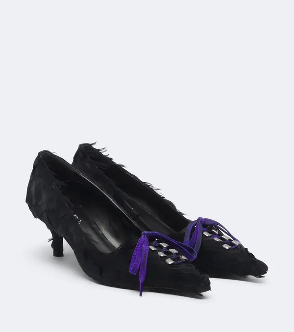 Prada Feather-trimmed Satin Pumps - Black