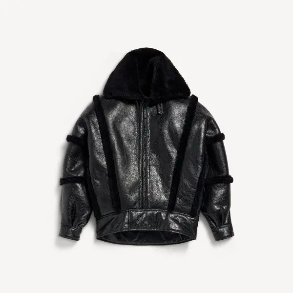 Balenciaga High Collar Leather Jacket With Shearling Details And Lining
