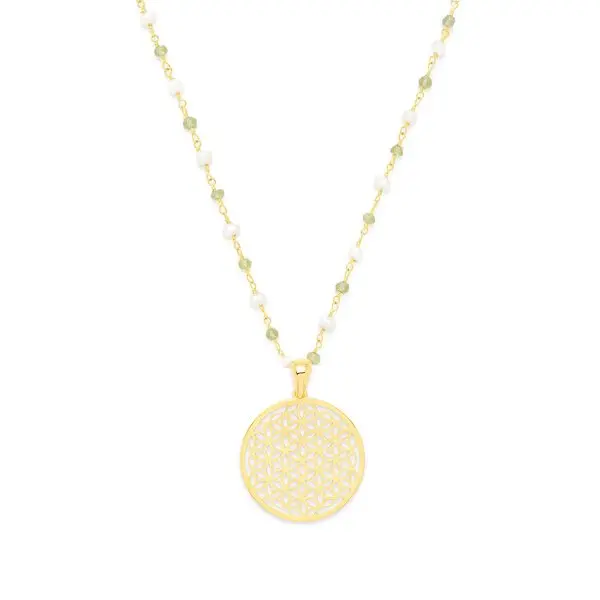 SEVEN SAINTS Green / Gold / White Divine Life Force Flower Of Life Necklace, Pearl And Peridot, Gold Plated Spiritual Jewelry - Green/gold/white