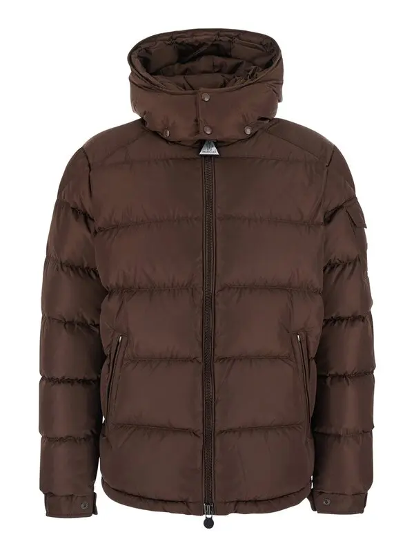 Moncler Brown Down Jacket 'maya' With Removable Hood And Logo Patch On The Sleeve In Tech Fabric For