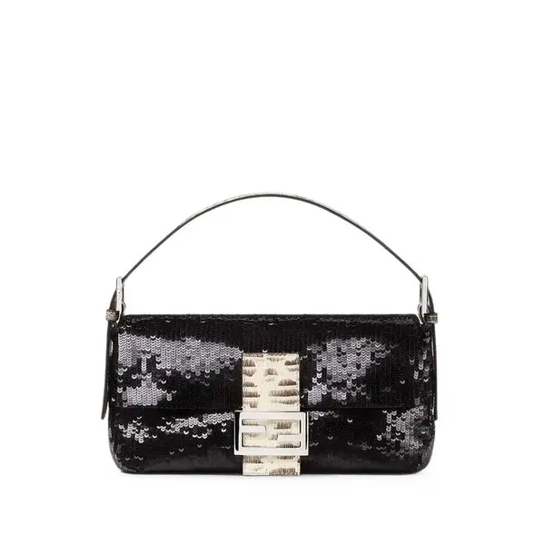 Fendi Sequin Shoulder Bag With Snakeskin-effect Trim - Black