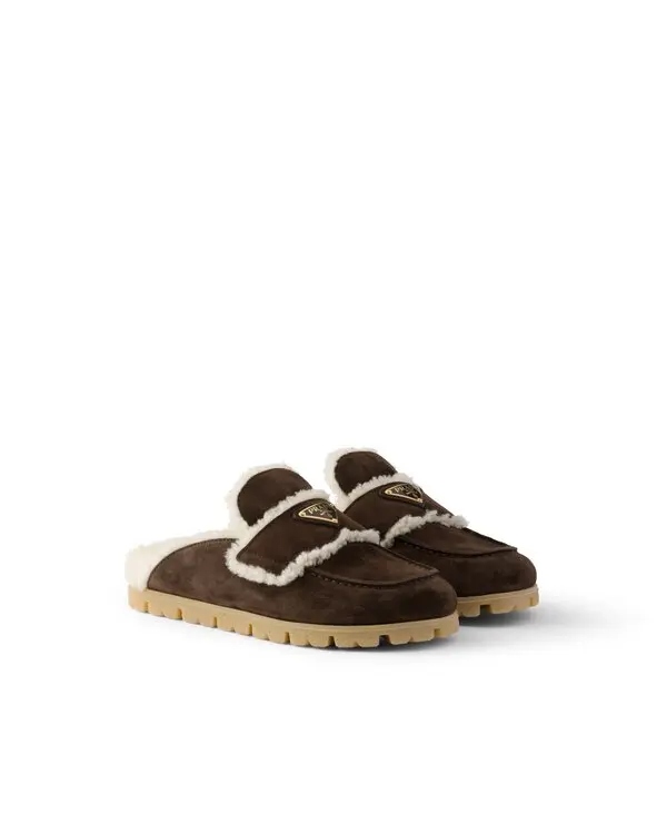 Prada Suede And Shearling Mules