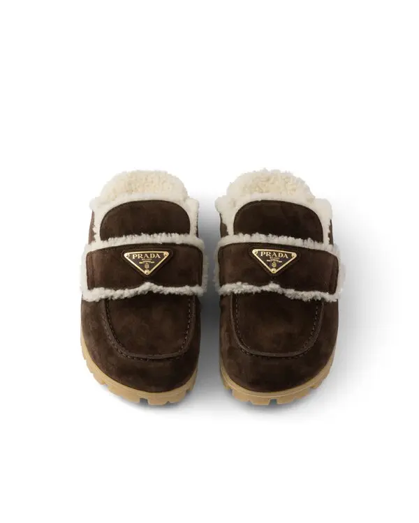 Prada Suede And Shearling Mules