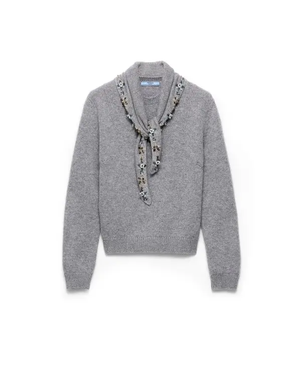 Prada Cashmere Crew-neck Sweater With Scarf - Grey