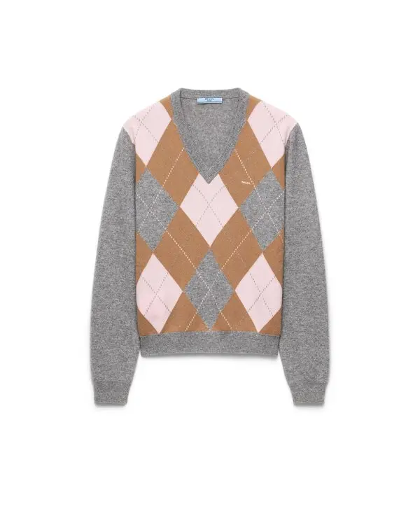 Prada Argyle Cashmere V-neck Sweater - Grey