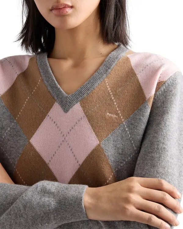 Prada Argyle Cashmere V-neck Sweater