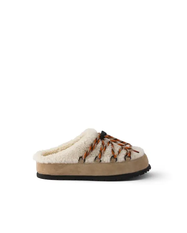 Prada Suede And Shearling Mules - Neutral