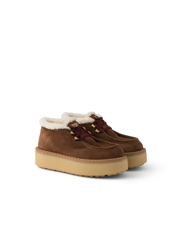 Prada Shearling Lined Suede Booties - Brown