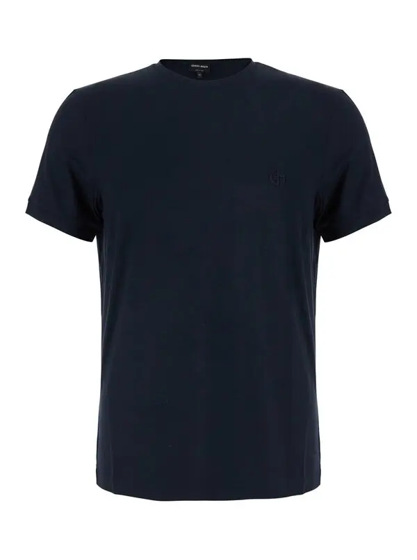 Giorgio Armani Crew Neck T-shirt With Chest Embroidery And Long Sleeves In Blue Cotton For - Multicolor