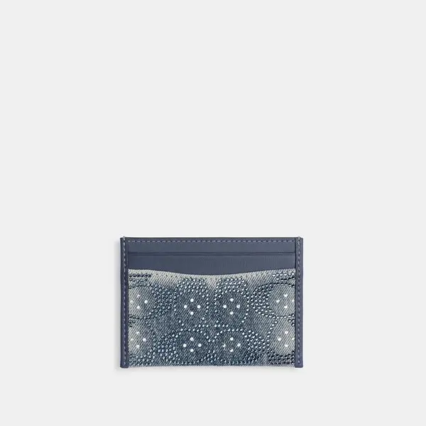 COACH Essential Card Case In Regenerative Cotton Denim With Crystal Signature - Brass/denim